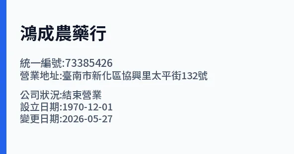 鴻成農藥行的照片-統編 73385426(臺南市) 公司登記資料與營業項目詳細圖表