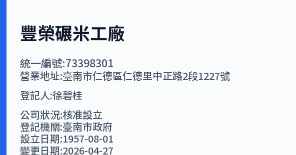 豐榮碾米工廠的照片-統編 73398301(臺南市) 公司登記資料與營業項目詳細圖表