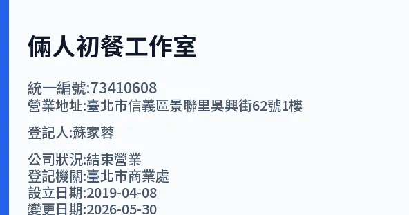 倆人初餐工作室的照片-統編 73410608(臺北市) 公司登記資料與營業項目詳細圖表