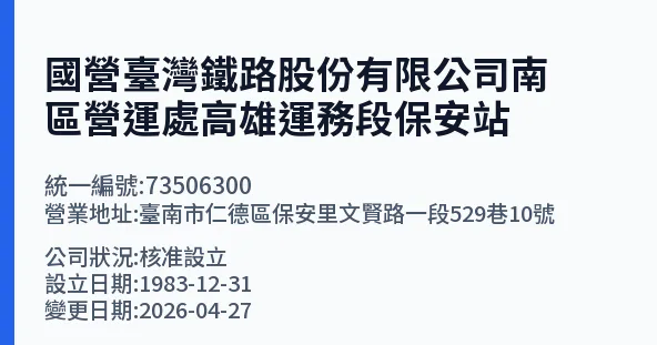 國營臺灣鐵路股份有限公司南區營運處高雄運務段保安站的照片-統編 73506300(臺南市) 公司登記資料與營業項目詳細圖表