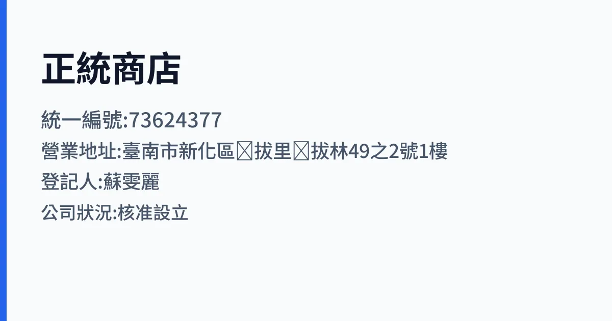正統商店 - 統編 73624377(臺南市) 公司登記資料與營業項目詳細圖表