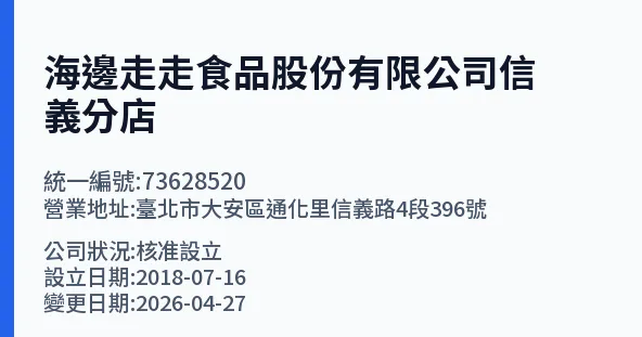 海邊走走食品股份有限公司信義分店的照片-統編 73628520(臺北市) 公司登記資料與營業項目詳細圖表