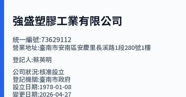 強盛塑膠工業有限公司的照片-統編 73629112(臺南市) 公司登記資料與營業項目詳細圖表