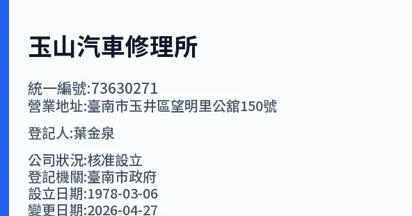 玉山汽車修理所的照片-統編 73630271(臺南市) 公司登記資料與營業項目詳細圖表