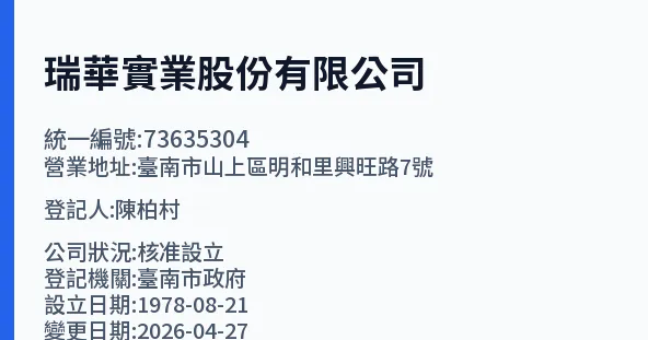 瑞華實業股份有限公司的照片-統編 73635304(臺南市) 公司登記資料與營業項目詳細圖表