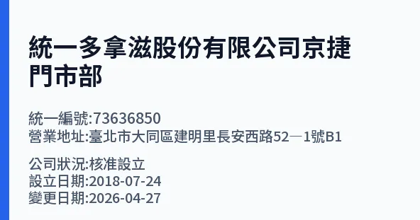 統一多拿滋股份有限公司京捷門市部的照片-統編 73636850(臺北市) 公司登記資料與營業項目詳細圖表