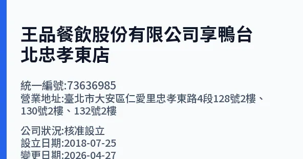 王品餐飲股份有限公司享鴨台北忠孝東店的照片-統編 73636985(臺北市) 公司登記資料與營業項目詳細圖表