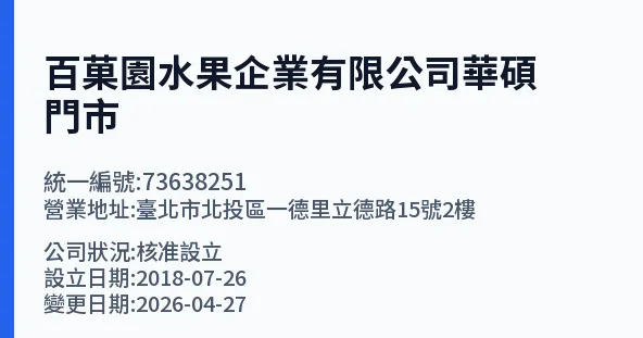 百菓園水果企業有限公司華碩門市的照片-統編 73638251(臺北市) 公司登記資料與營業項目詳細圖表