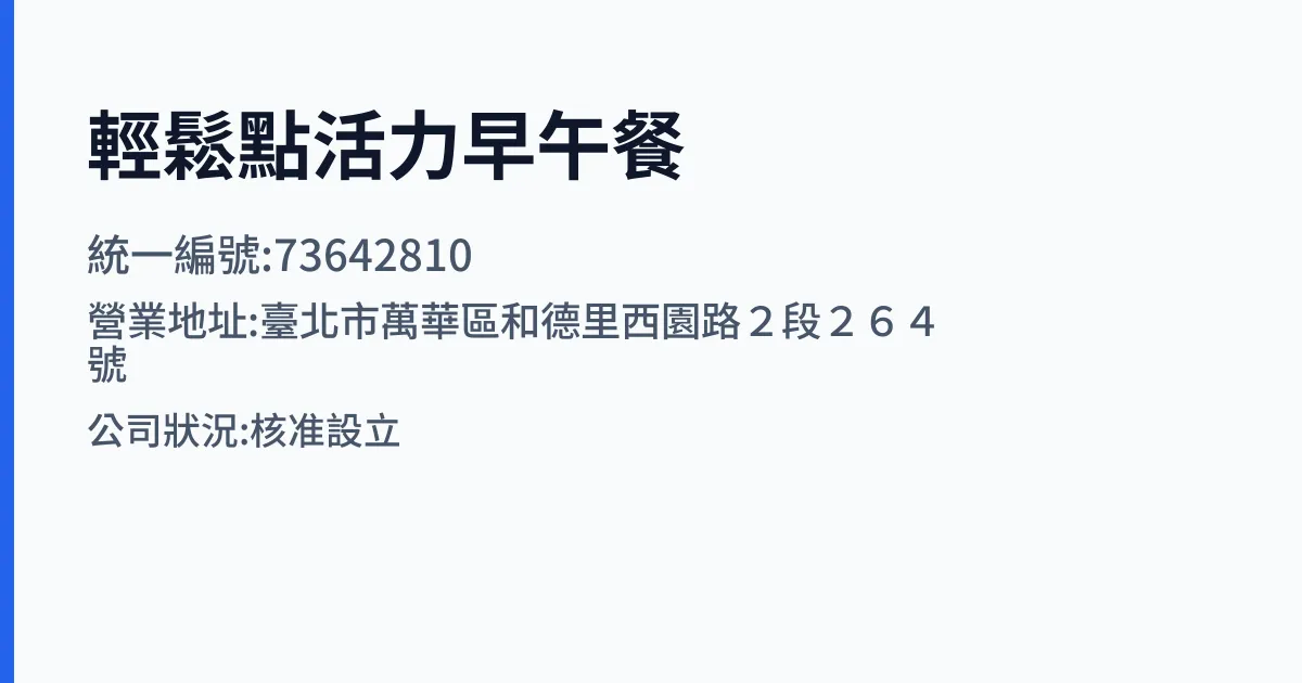 輕鬆點活力早午餐 - 統編 73642810(臺北市) 公司登記資料與營業項目詳細圖表