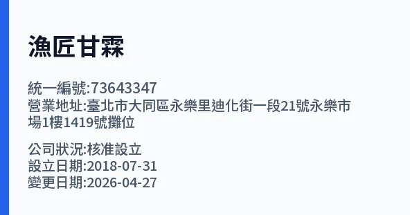 漁匠甘霖的照片-統編 73643347(臺北市) 公司登記資料與營業項目詳細圖表
