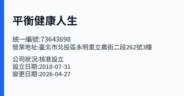平衡健康人生的照片-統編 73643698(臺北市) 公司登記資料與營業項目詳細圖表