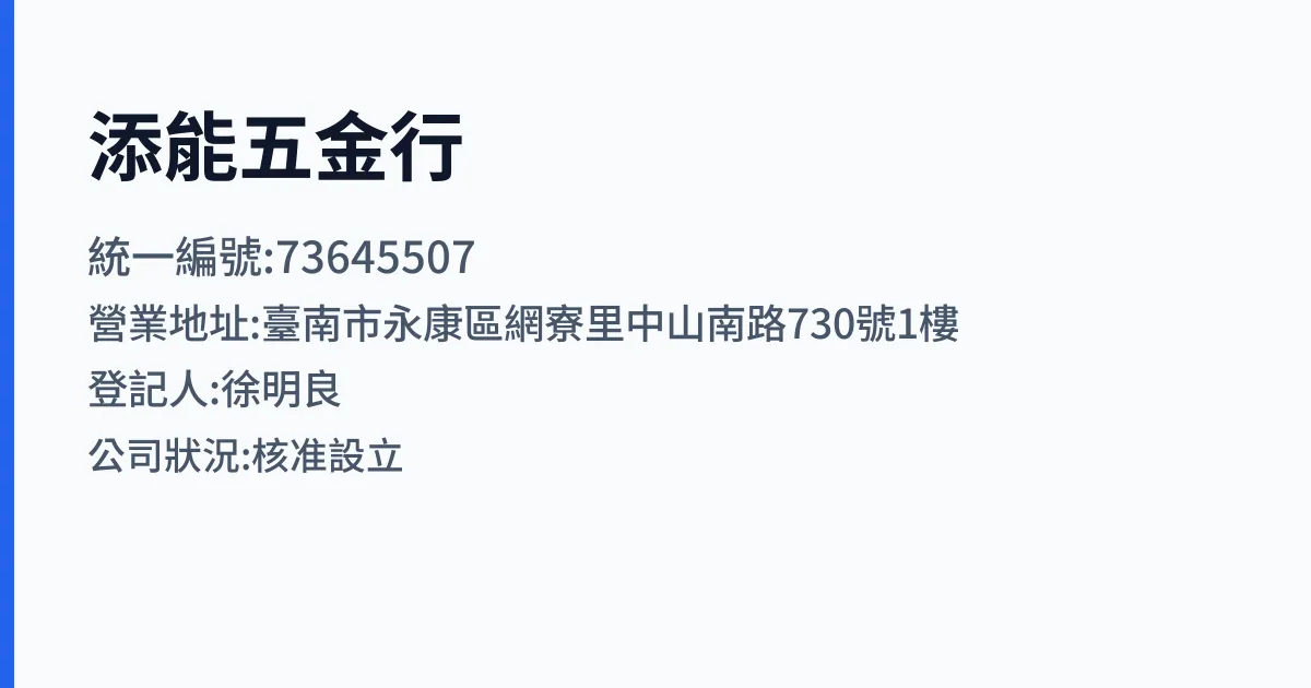 添能五金行 - 統編 73645507(臺南市) 公司登記資料與營業項目詳細圖表