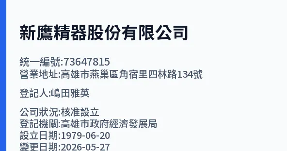 新鷹精器股份有限公司的照片-統編 73647815(高雄市) 公司登記資料與營業項目詳細圖表