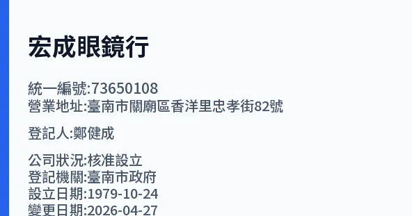 宏成眼鏡行的照片-統編 73650108(臺南市) 公司登記資料與營業項目詳細圖表