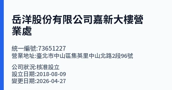 岳洋股份有限公司嘉新大樓營業處的照片-統編 73651227(臺北市) 公司登記資料與營業項目詳細圖表