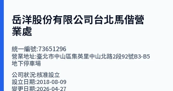 岳洋股份有限公司台北馬偕營業處的照片-統編 73651296(臺北市) 公司登記資料與營業項目詳細圖表