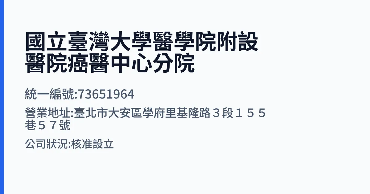 國立臺灣大學醫學院附設醫院癌醫中心分院 - 統編 73651964(臺北市) 公司登記資料與營業項目詳細圖表
