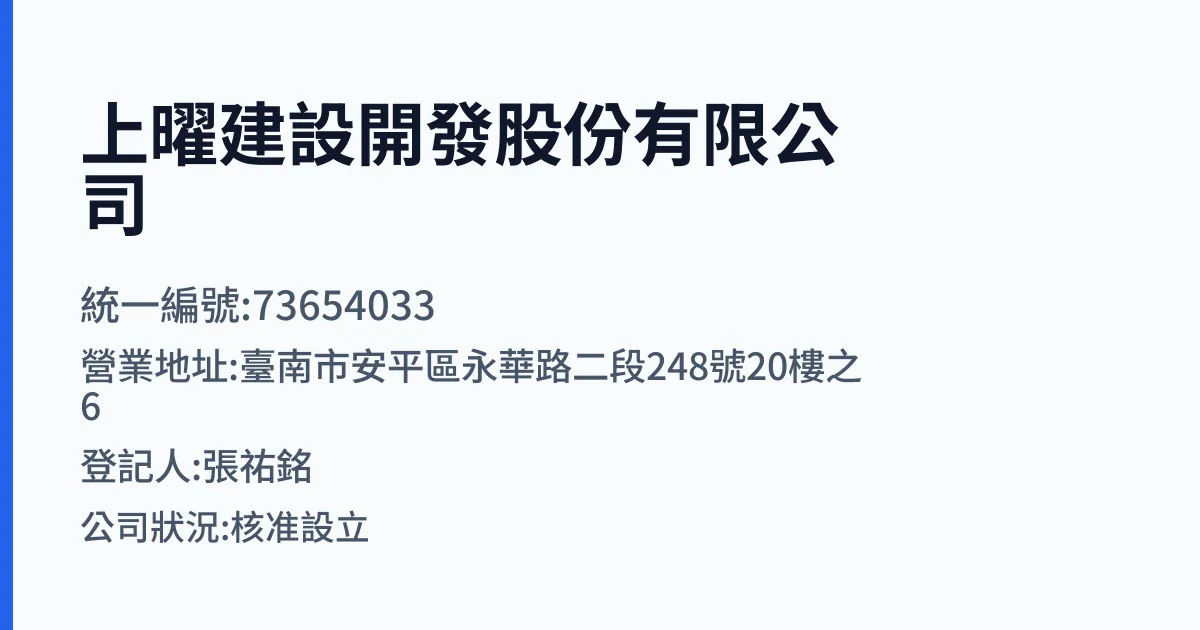 上曜建設開發股份有限公司 - 統編 73654033(臺南市) 公司登記資料與營業項目詳細圖表