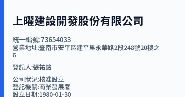 上曜建設開發股份有限公司的照片-統編 73654033(臺南市) 公司登記資料與營業項目詳細圖表