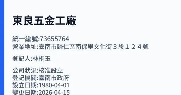 東良五金工廠的照片-統編 73655764(臺南市) 公司登記資料與營業項目詳細圖表
