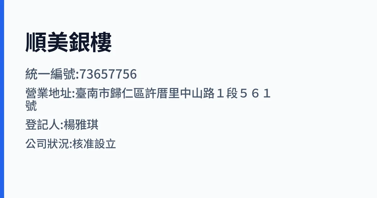 順美銀樓 - 統編 73657756(臺南市) 公司登記資料與營業項目詳細圖表