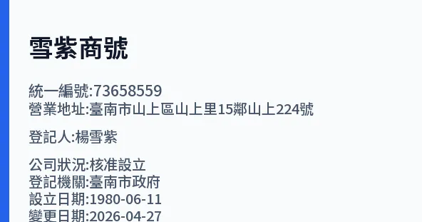雪紫商號的照片-統編 73658559(臺南市) 公司登記資料與營業項目詳細圖表