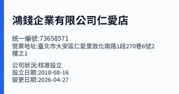 鴻錢企業有限公司仁愛店的照片-統編 73658571(臺北市) 公司登記資料與營業項目詳細圖表