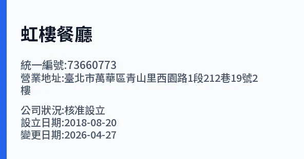 虹樓餐廳的照片-統編 73660773(臺北市) 公司登記資料與營業項目詳細圖表