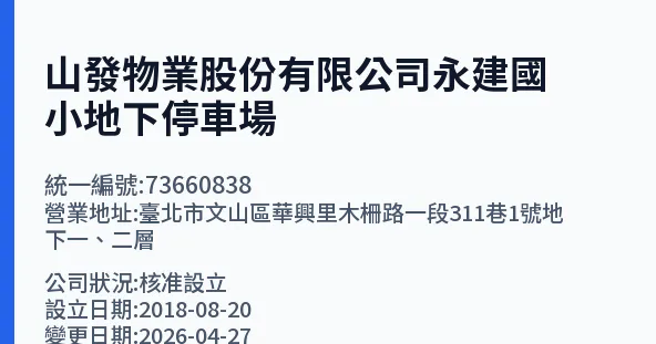 山發物業股份有限公司永建國小地下停車場的照片-統編 73660838(臺北市) 公司登記資料與營業項目詳細圖表