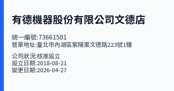 有德機器股份有限公司文德店的照片-統編 73661581(臺北市) 公司登記資料與營業項目詳細圖表