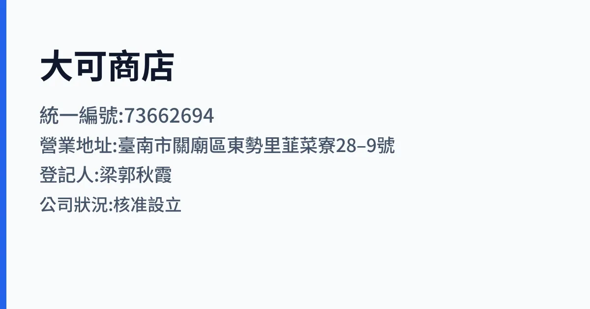 大可商店 - 統編 73662694(臺南市) 公司登記資料與營業項目詳細圖表