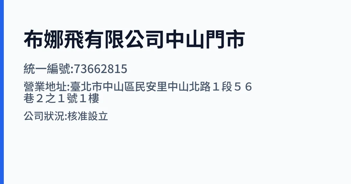 布娜飛有限公司中山門市 - 統編 73662815(臺北市) 公司登記資料與營業項目詳細圖表