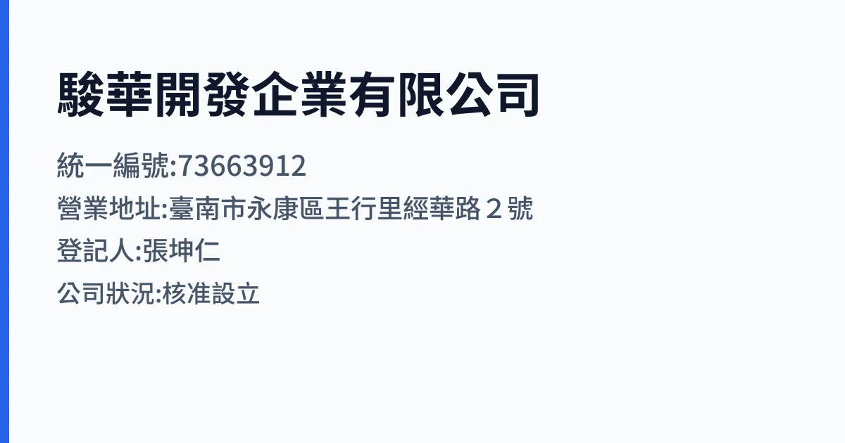 駿華開發企業有限公司 - 統編 73663912(臺南市) 公司登記資料與營業項目詳細圖表