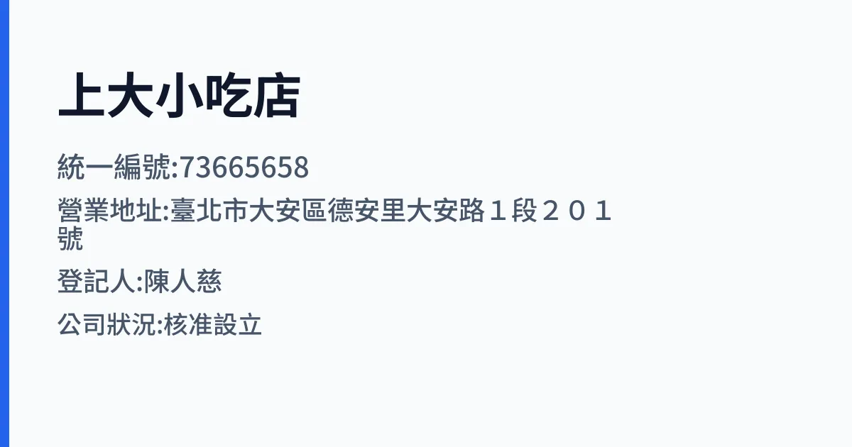 上大小吃店 - 統編 73665658(臺北市) 公司登記資料與營業項目詳細圖表