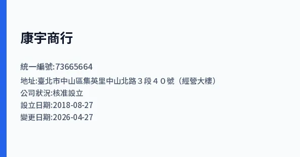 康宇商行的照片-統編 73665664(臺北市) 公司登記資料與營業項目詳細圖表