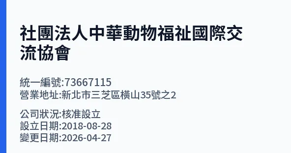 社團法人中華動物福祉國際交流協會的照片-統編 73667115(新北市) 公司登記資料與營業項目詳細圖表