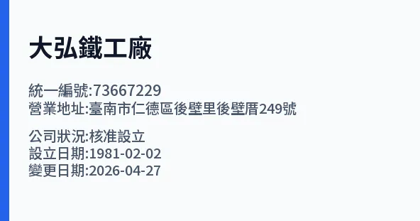 大弘鐵工廠的照片-統編 73667229(臺南市) 公司登記資料與營業項目詳細圖表