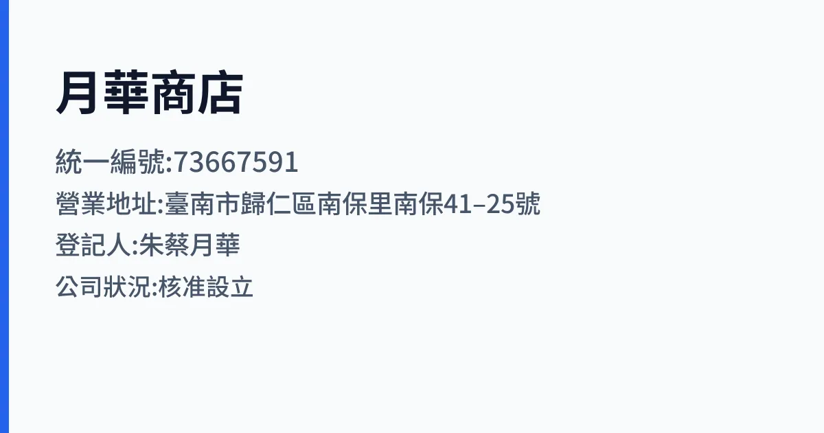 月華商店 - 統編 73667591(臺南市) 公司登記資料與營業項目詳細圖表