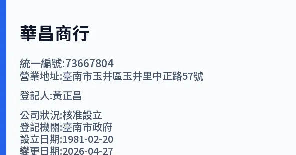 華昌商行的照片-統編 73667804(臺南市) 公司登記資料與營業項目詳細圖表