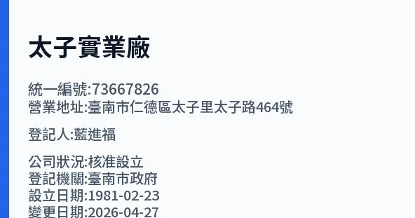 太子實業廠的照片-統編 73667826(臺南市) 公司登記資料與營業項目詳細圖表