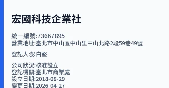宏國科技企業社的照片-統編 73667895(臺北市) 公司登記資料與營業項目詳細圖表