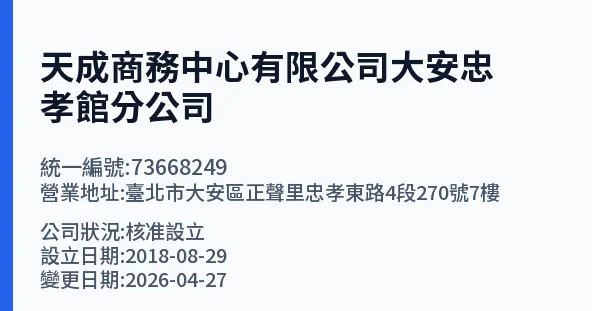 天成商務中心有限公司大安忠孝館分公司的照片-統編 73668249(臺北市) 公司登記資料與營業項目詳細圖表