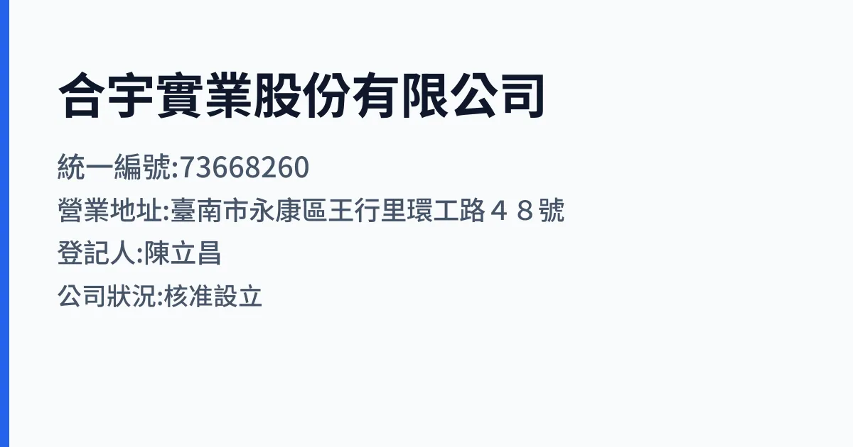 合宇實業股份有限公司 - 統編 73668260(臺南市) 公司登記資料與營業項目詳細圖表