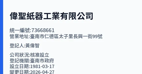 偉聖紙器工業有限公司的照片-統編 73668661(臺南市) 公司登記資料與營業項目詳細圖表