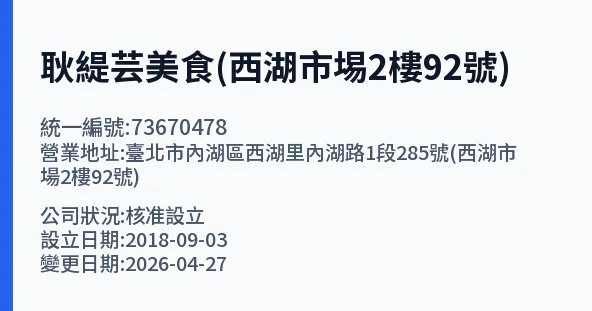 耿緹芸美食(西湖市埸2樓92號)的照片-統編 73670478(臺北市) 公司登記資料與營業項目詳細圖表