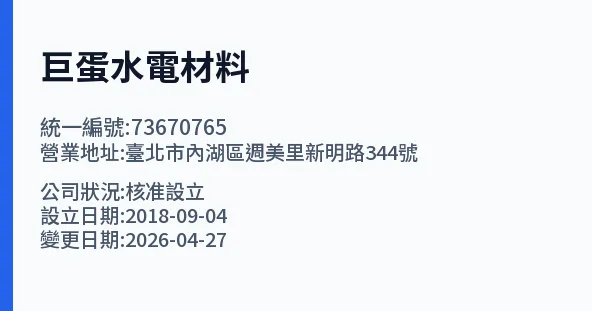巨蛋水電材料的照片-統編 73670765(臺北市) 公司登記資料與營業項目詳細圖表
