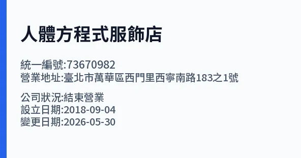 人體方程式服飾店的照片-統編 73670982(臺北市) 公司登記資料與營業項目詳細圖表