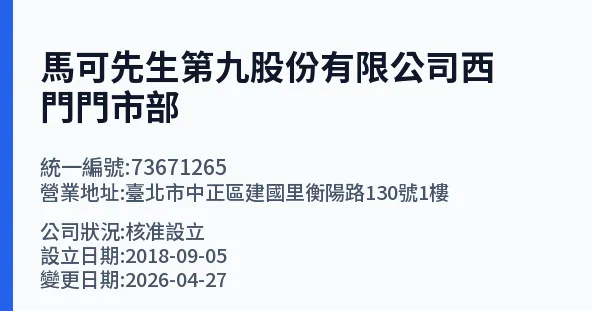 馬可先生第九股份有限公司西門門市部的照片-統編 73671265(臺北市) 公司登記資料與營業項目詳細圖表