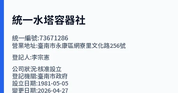 統一水塔容器社的照片-統編 73671286(臺南市) 公司登記資料與營業項目詳細圖表