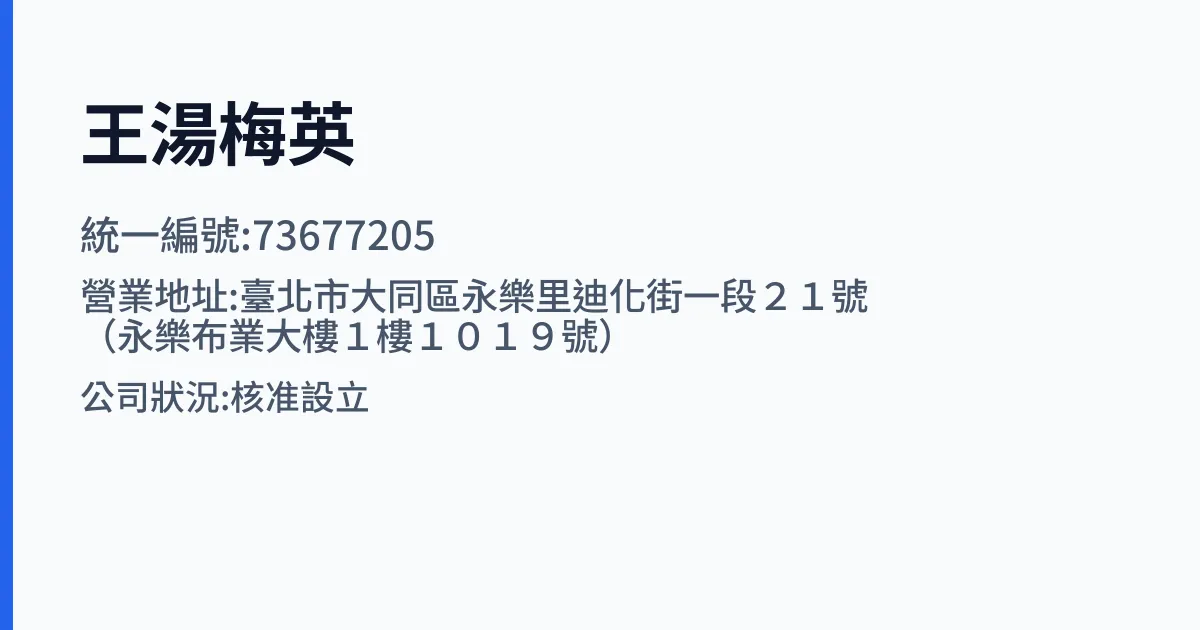 王湯梅英 - 統編 73677205(臺北市) 公司登記資料與營業項目詳細圖表